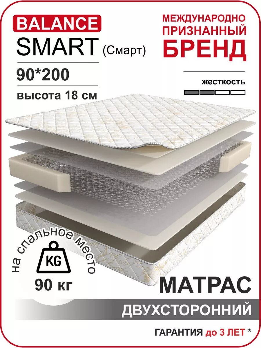 Матрас пружинный гипоаллергенный Balance Smart с блоком зависимых пружин 90х200 см