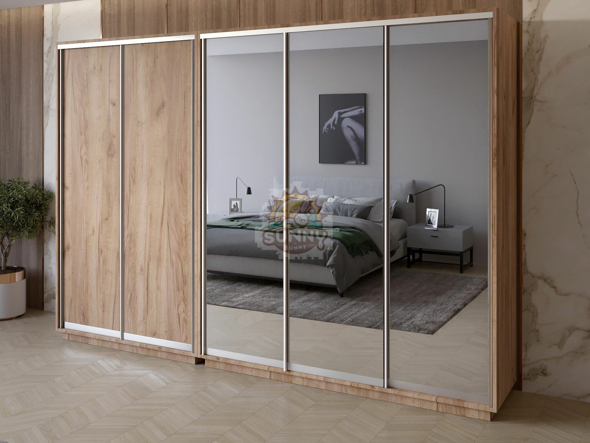 Шкаф-купе Вилли 5-ти дверный модульный (2+3) ЛДСП-2/Зеркало-3, профиль серебро, 300х45х220 см. Дуб Крафт табачный