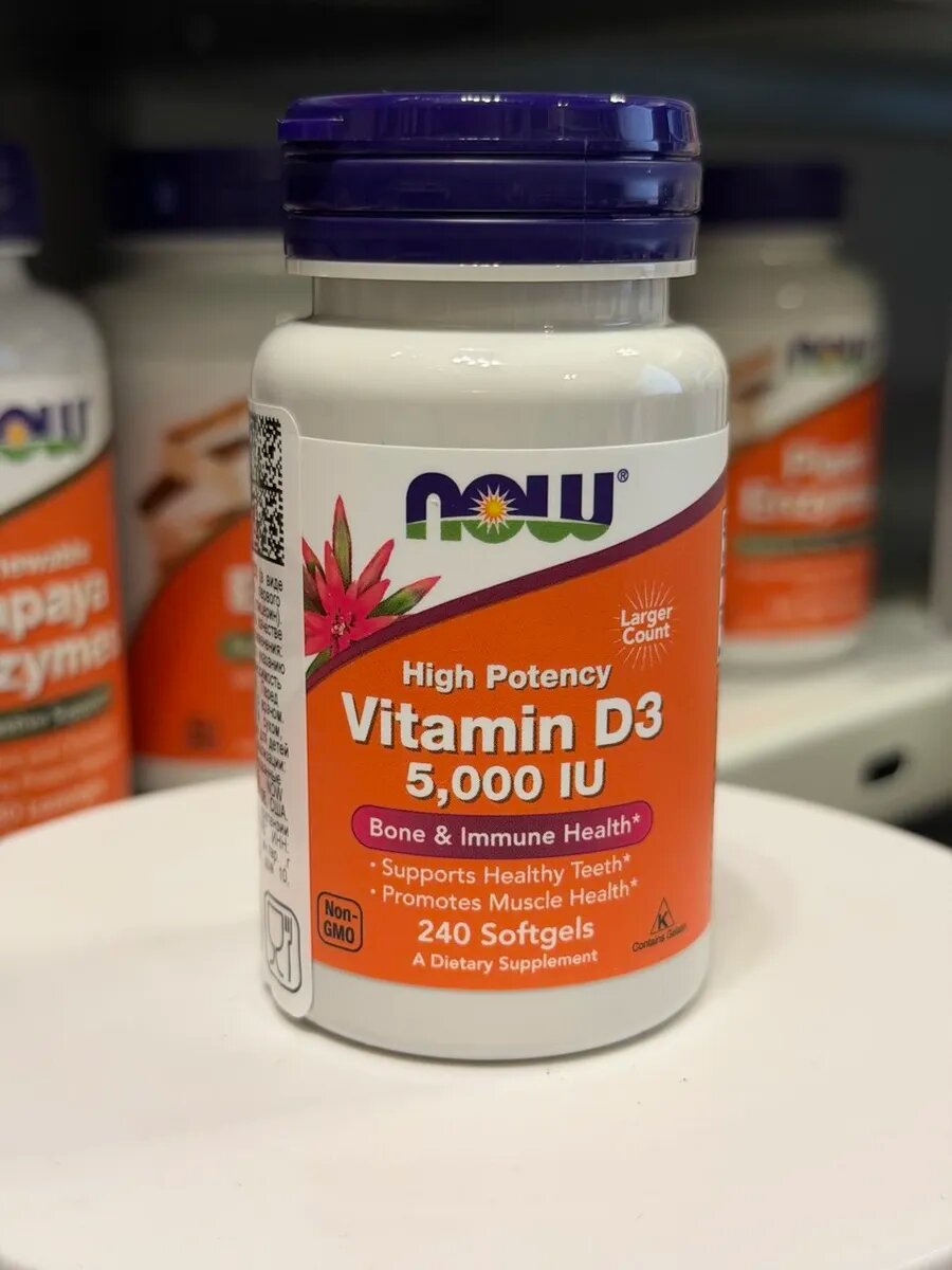 NOW VITAMIN D-3 5000 IU — поддержка костей и иммунитета, 240 гелевых капсул
