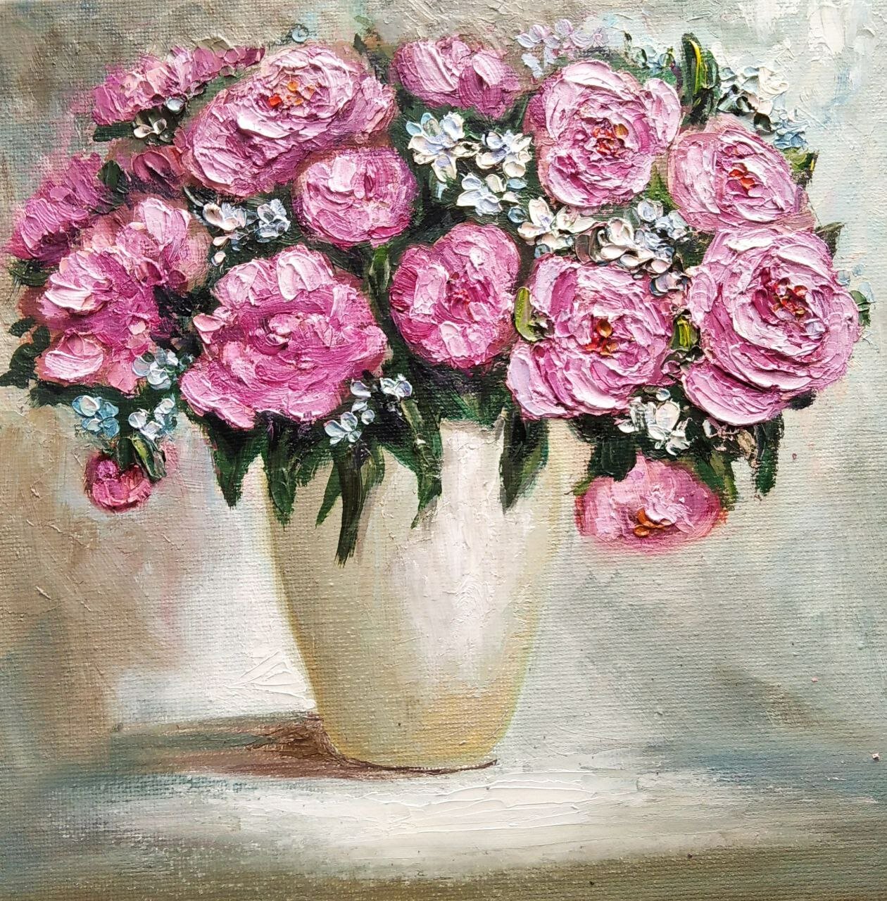 Картина маслом Холст на картоне Размеры 20x20 см Натюрморт Пионы в Вазе