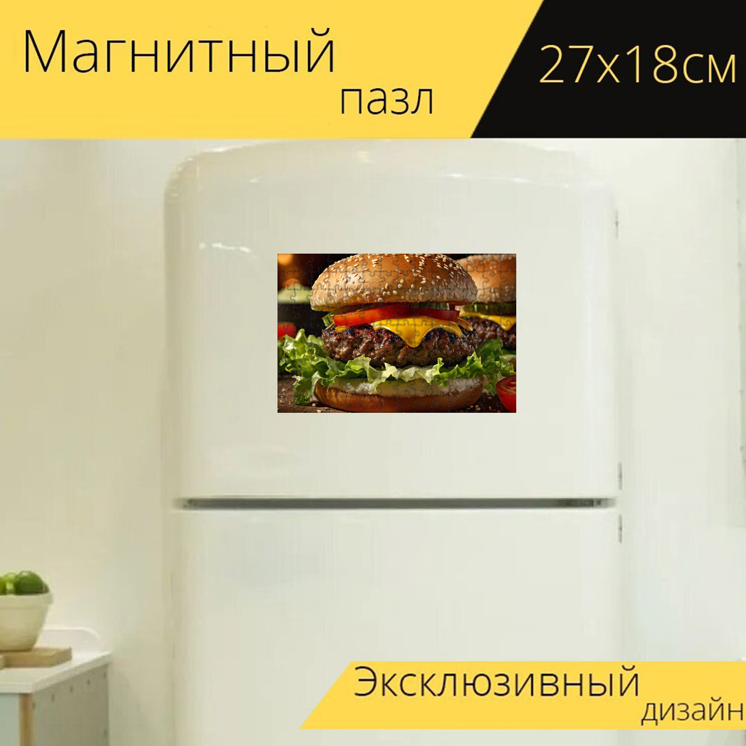 Магнитный пазл "Реалистичный гамбургер, juicy hamburger, аппетитный бургер с говядиной, фастфуд фотография, вкусные ингредиенты, бургер с начинкой." на холодильник 27 x 18 см.