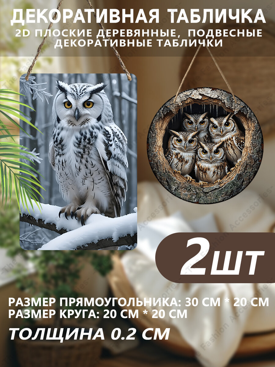 Плоская 2D деревянная табличка, Подвесная декоративная, Украшение на тему животных, узор совы,1 Круглый и 1 прямоугольник,20cm*20cm,30 см*20 см