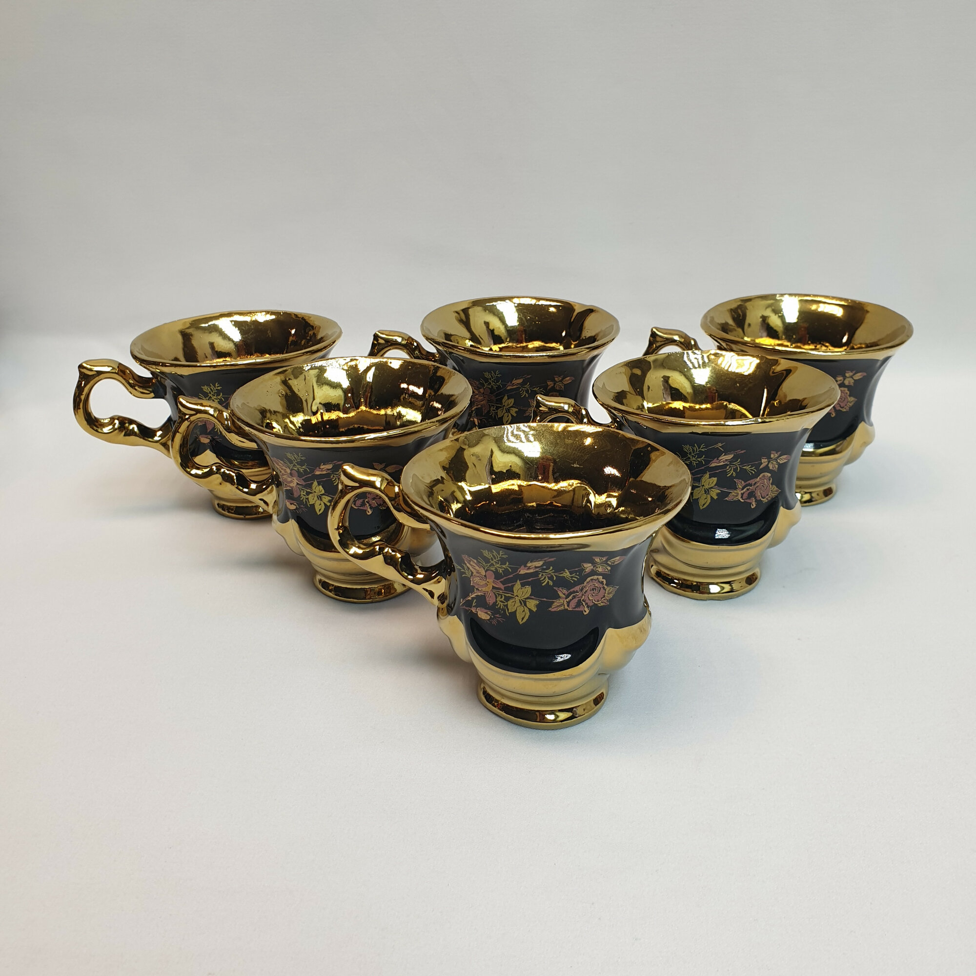 Набор из 6 чашек Феодосийский з-д майолики, керамика крытье позолота деколь 230 мл, винтаж СССР