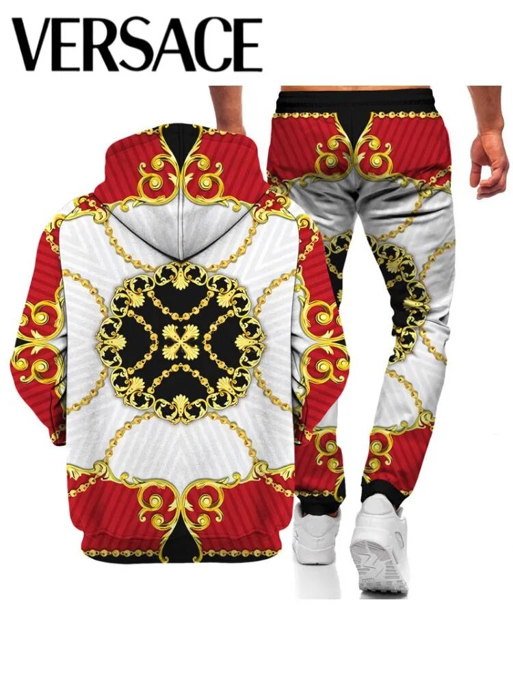 Комплект одежды Versace Мужская Осенне-Зимняя Коллекция 2025-Ретро-Принтовая Толстовка с Капюшоном и Спортивные Брюки, Уличный Стиль от Итальянского Бренда