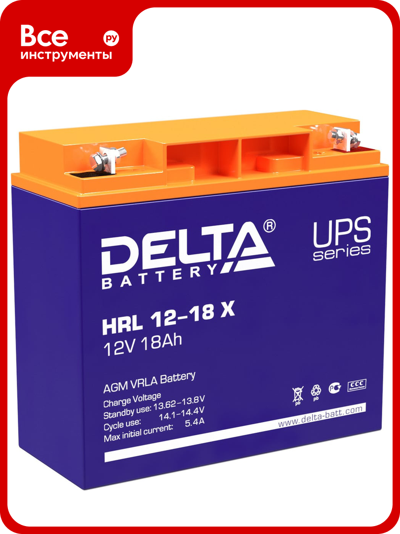 Аккумуляторная батарея Delta HRL 12-18, 12В, 18Ач, AGM, обратная полярность, размеры 167x181x77 мм, вес 6 кг, макс. ток