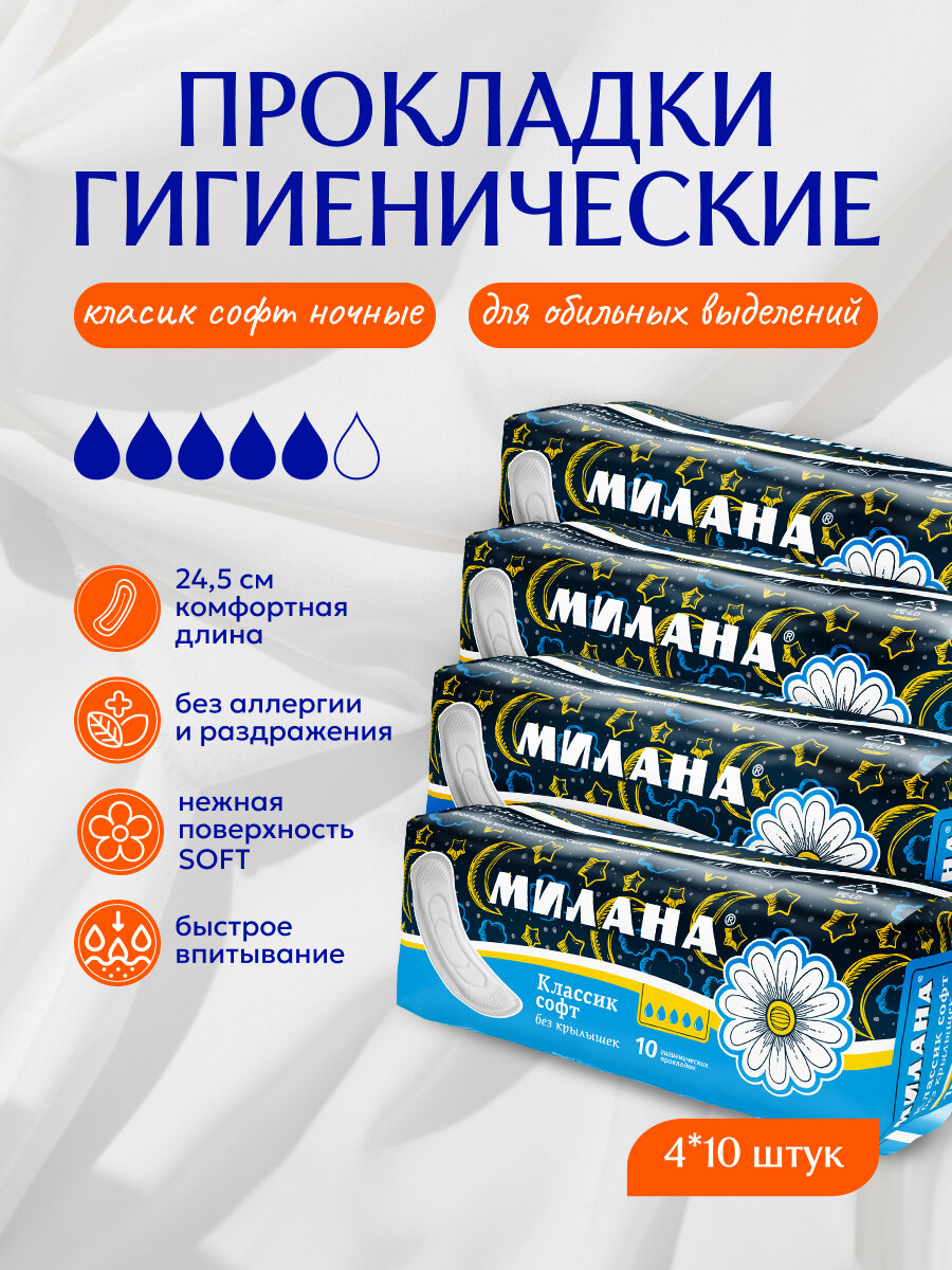 Прокладки женские Милана - "Классик Софт без крылышек" ночные (4х10шт)