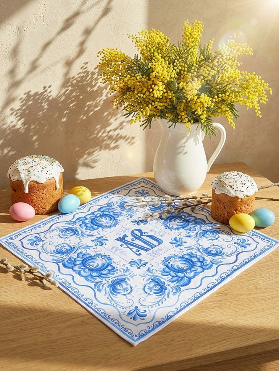 Салфетка пасхальная на стол Доляна «Гжель ХВ», размер 65×65 см, белый/синий