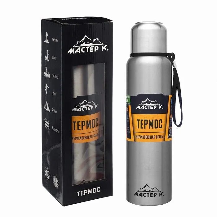 Термос Мастер К «Путешествие», 1 л, с кружкой, с ситечком, сохраняет тепло 24 ч, нержавеющая сталь, серебристый