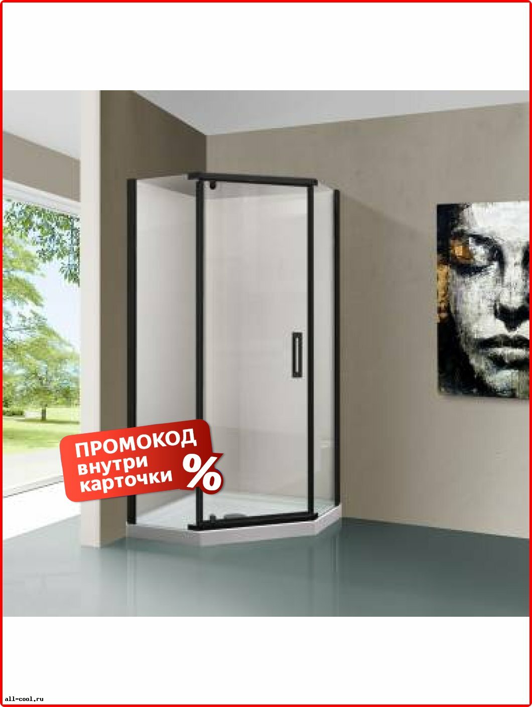 Душевой уголок Vincea Martina 100x100, пятиугольная, прозрачное, черный, распашные, без поддона в комплекте