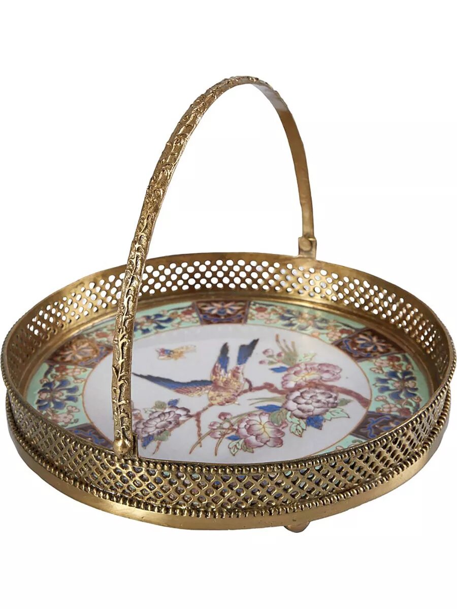 Блюдо сервировочное Glasar с ручкой 20х20х18 см, фарфор и бронза