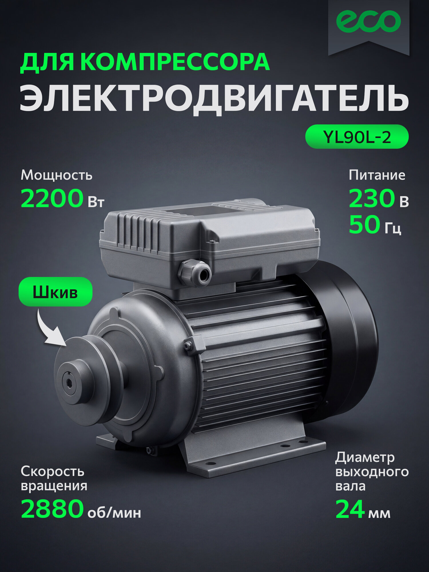 Электродвигатель для компрессора 2,2 кВт со шкивом ECO YL90L-2 (AE-1005-B1-13)