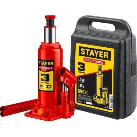 Домкрат бутылочный гидравлический STAYER RED FORCE, 3т, 194-375 мм в кейсе (43160-3-K)