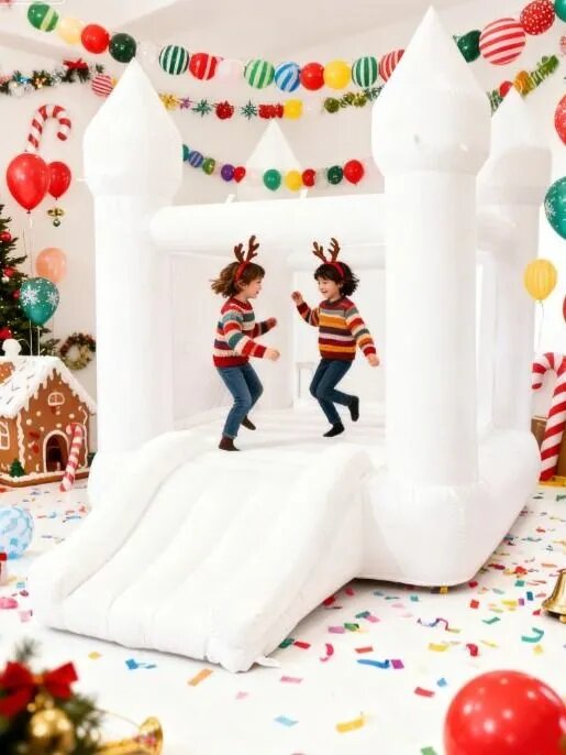 Надувной белый батут Vancen Toddlers Party 9x7x6 футов с возможностью настройки горки, надувной замок Oxford, с дверным проемом, включая вентилятор