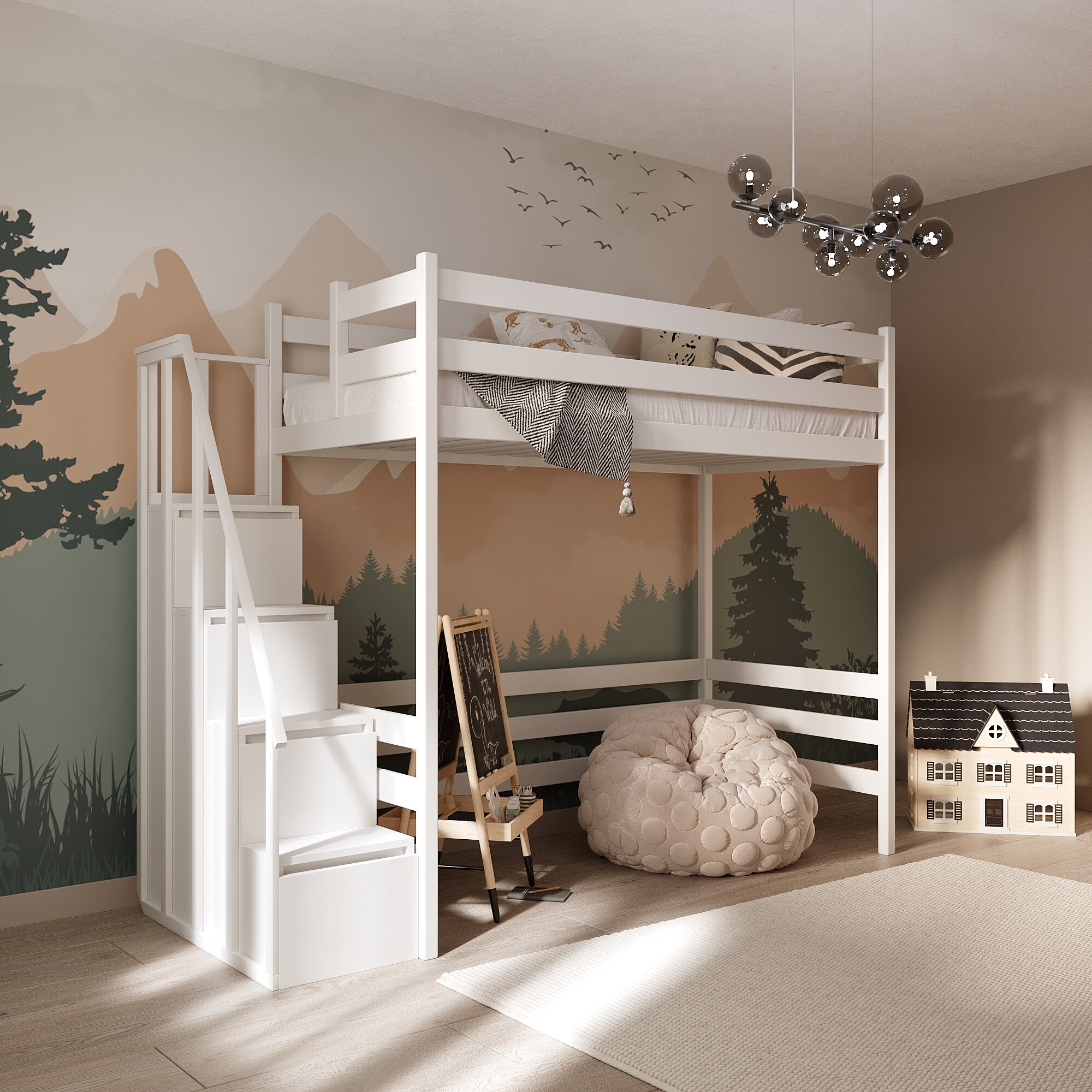 Кровать-чердак Sleeping Home 200x90, с комодом-лестницей, высота ниши под кроватью 150см