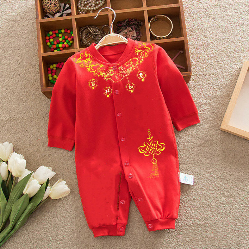 Красный наряд для новорожденного на полнолуние, тонкий комбинезон, праздничный ярко-красный бесшовный комбинезон для новорожденного на сто дней