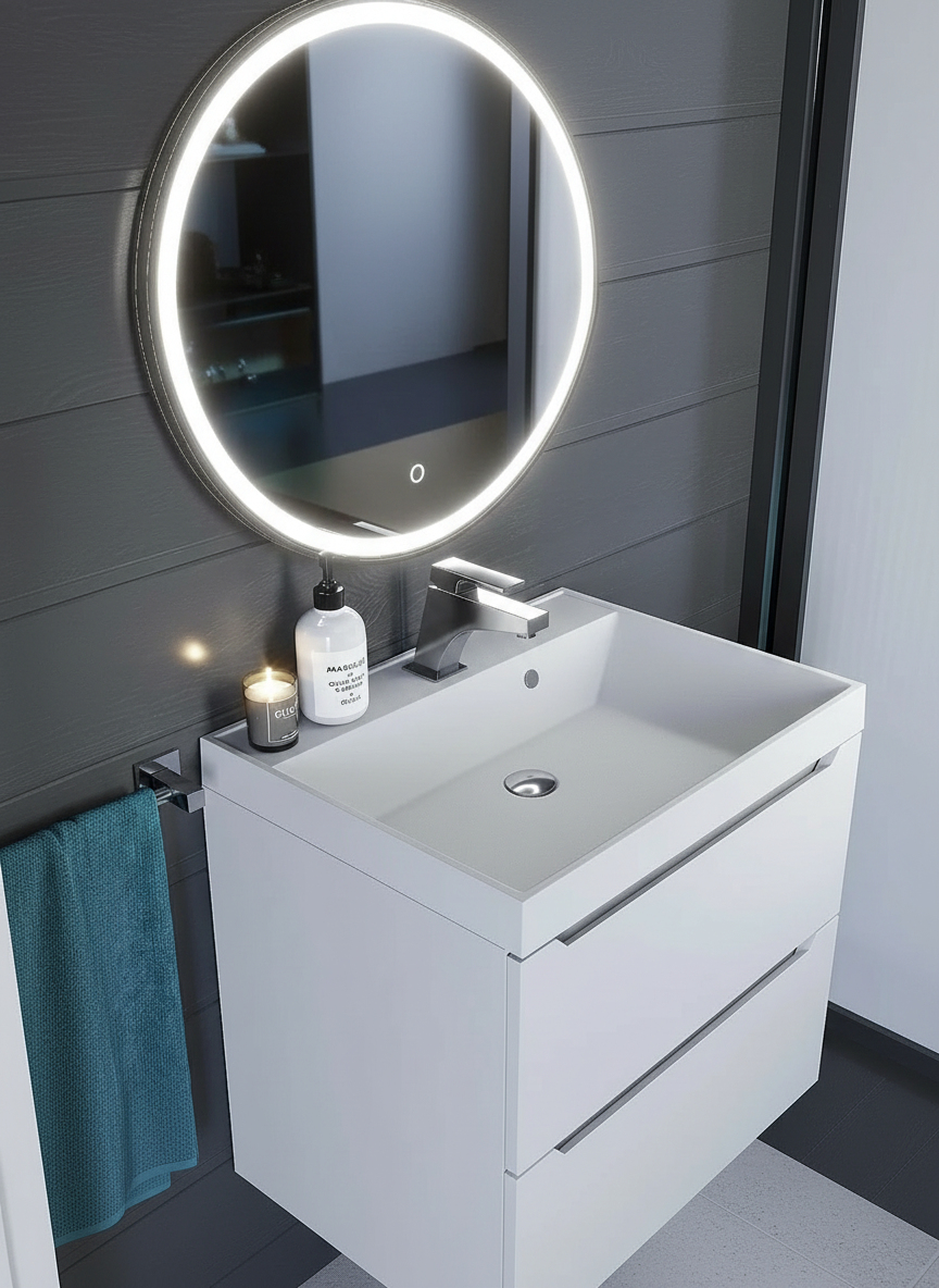 Раковина кварцевая для ванной комнаты Uperwood Classic Quartz 60 см, белая матовая, жасмин