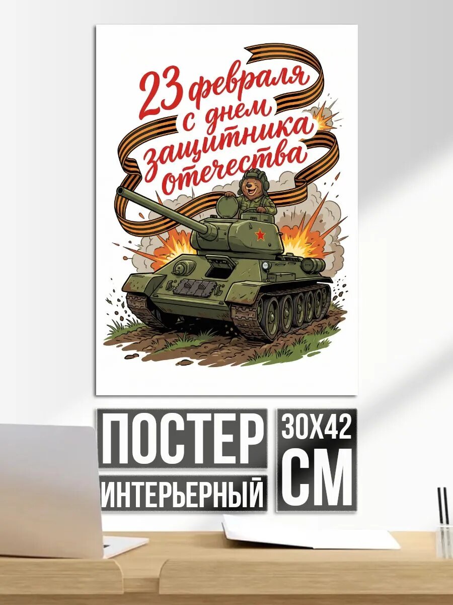Постер на стену медведь на танке 23 февраля