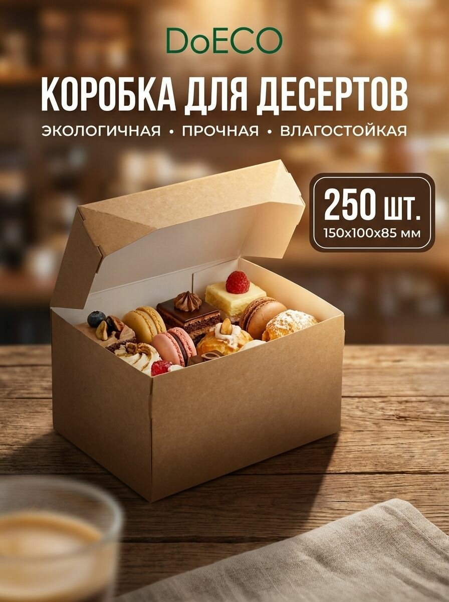 Коробка крафт пищевая DoECO контейнер одноразовый с крышкой, упаковка 150х100х85 мм, 250 шт.