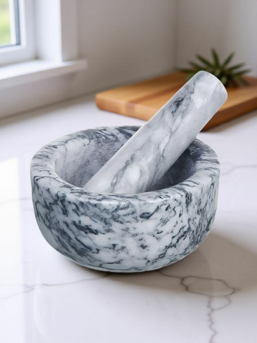 Ступка с пестиком каменная для приправ 11.5x6см, мраморная, серая