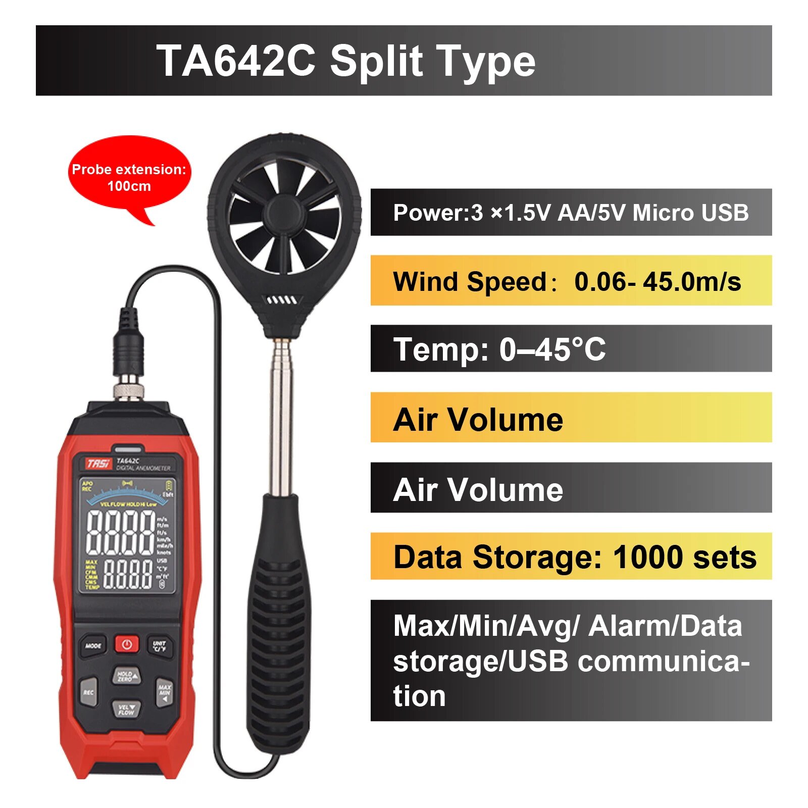 Анемометр SONGGER TA642C, 100см, Data Storage: 1000