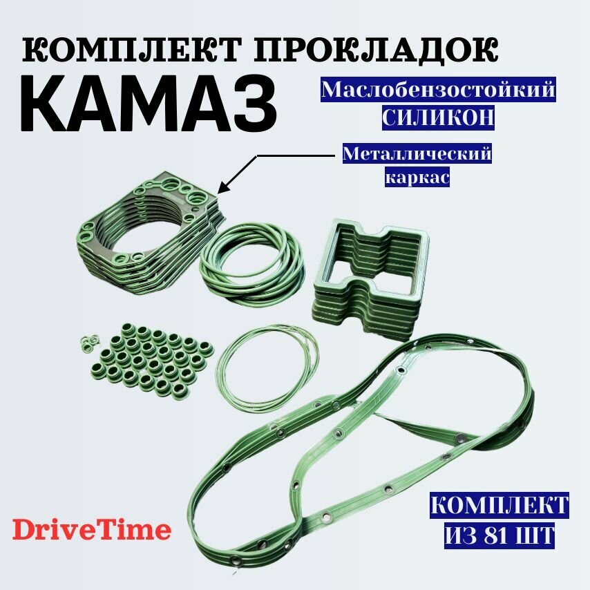 Комплект Прокладок КАМАЗ, 81 предмет, Камаз евро, Урал 740-1003213-24 Зеленый, Металл