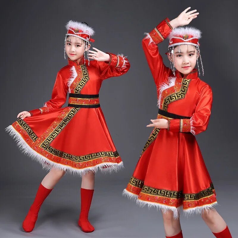 Детские монгольские танцевальные костюмы из вискозы и спандекса Красный, 140cm, Red