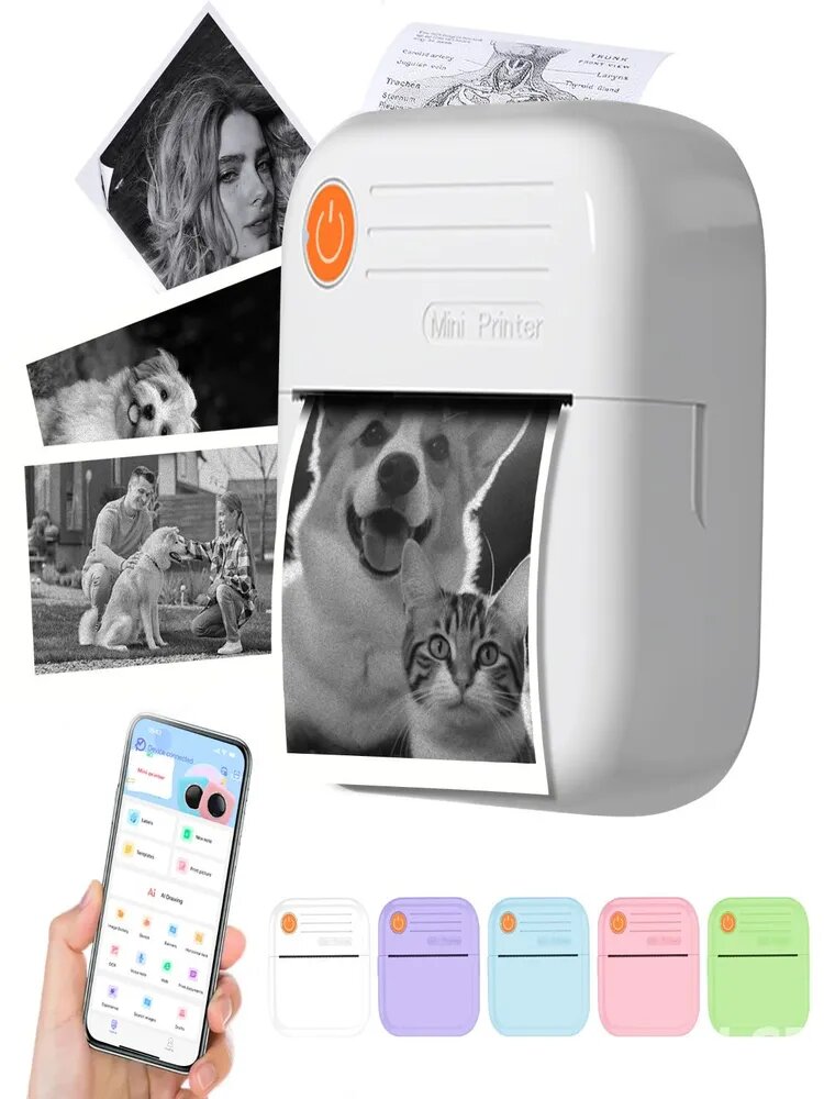 Мини-принтер термо для фото, портативный монохромный, Bluetooth, печать на наклейках