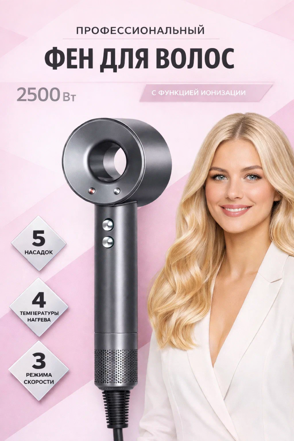 Фен для волос профессиональный 5в1 с ионизацией, мощность 2500Вт