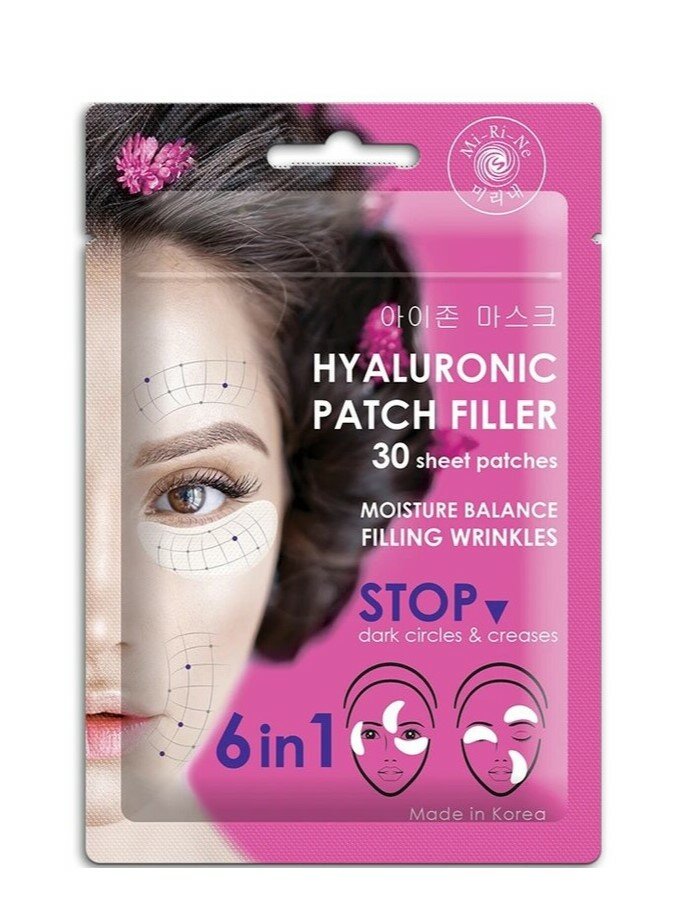 [MI-RI-NE] Гиалуроновые тканевые патчи-филлеры 6 в 1 для кожи вокруг глаз, межбровных и носогубных складок на лице (30 патчей), 25гр