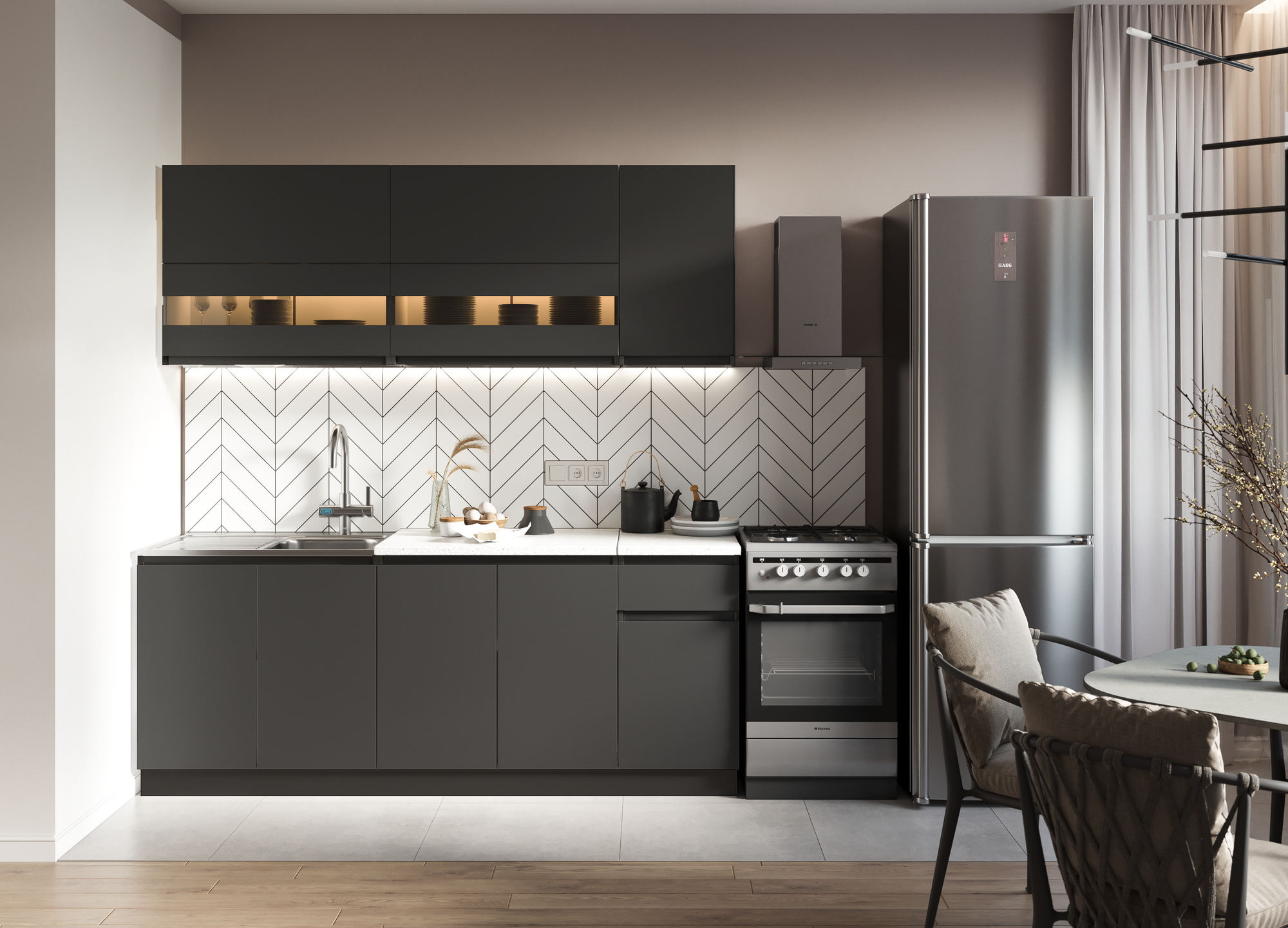 Кухонный гарнитур Ника 2,0 м со стеклом, Графит