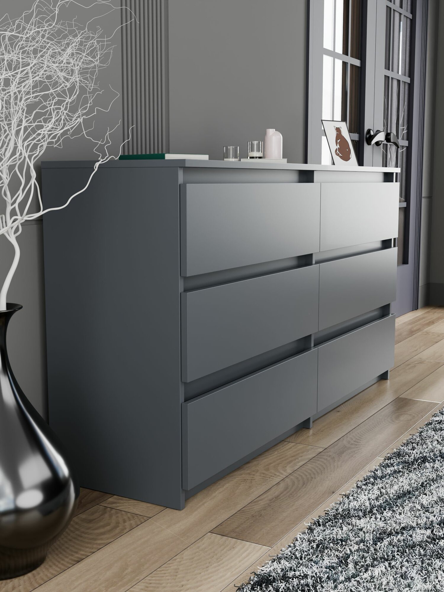 Комод для белья и одежды орлан 6 ящиков, 140х76.4х40 см, графит