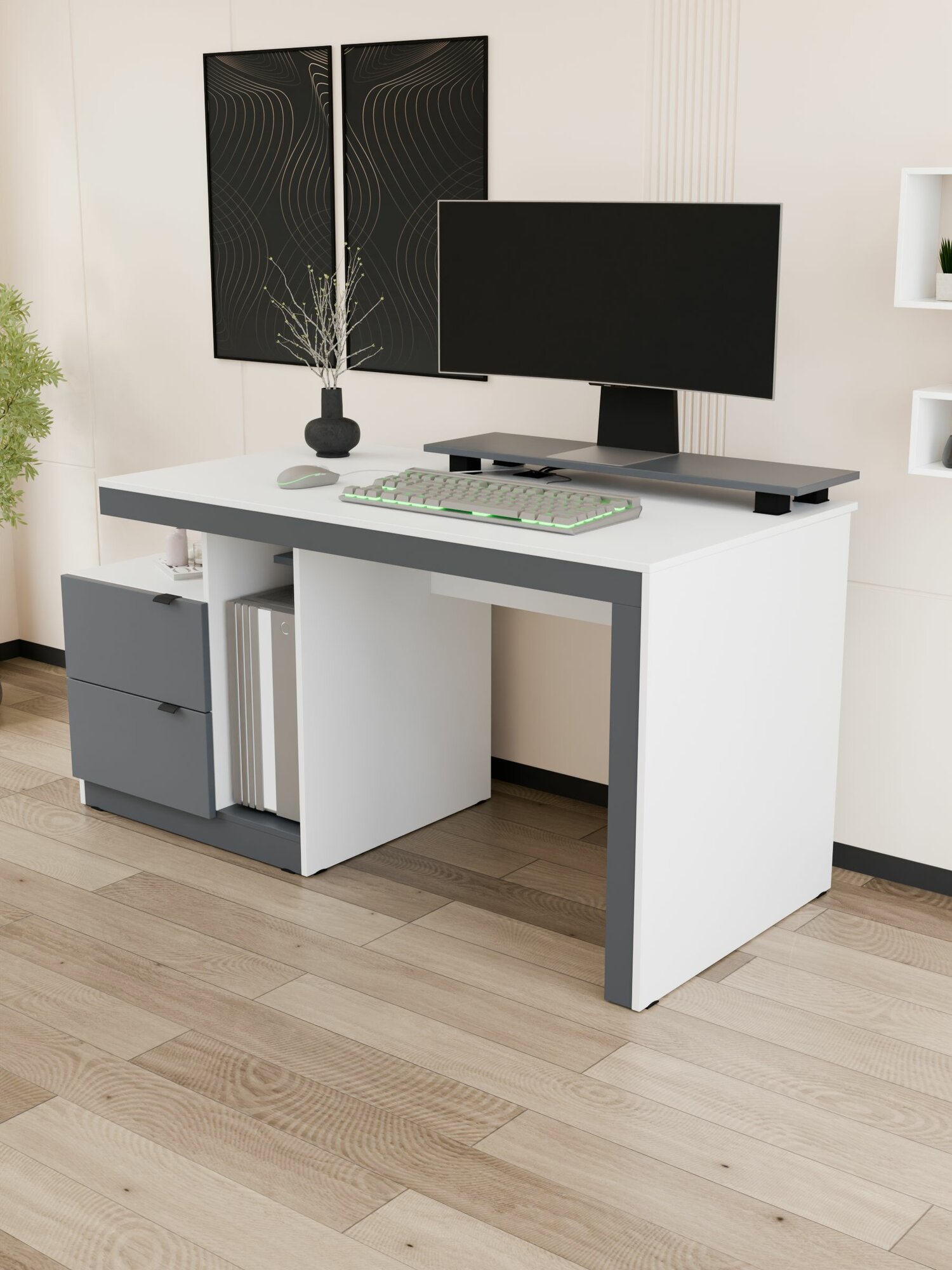 Изумлит Стол компьютерный для офиса и дома Вертикаль Лайт 162х80х74.5 см, тумба слева, белый-графит