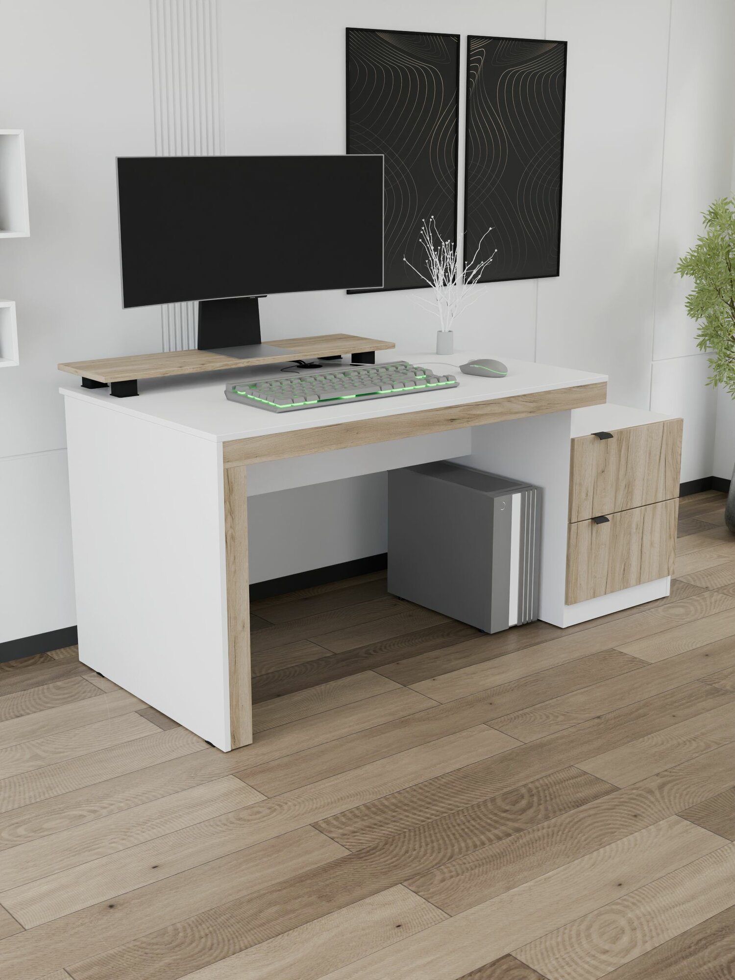 Изумлит Стол компьютерный для офиса и дома Вертикаль Компакт Лайт 165х73х74.5 см, тумба справа, белый-дуб крафт серый