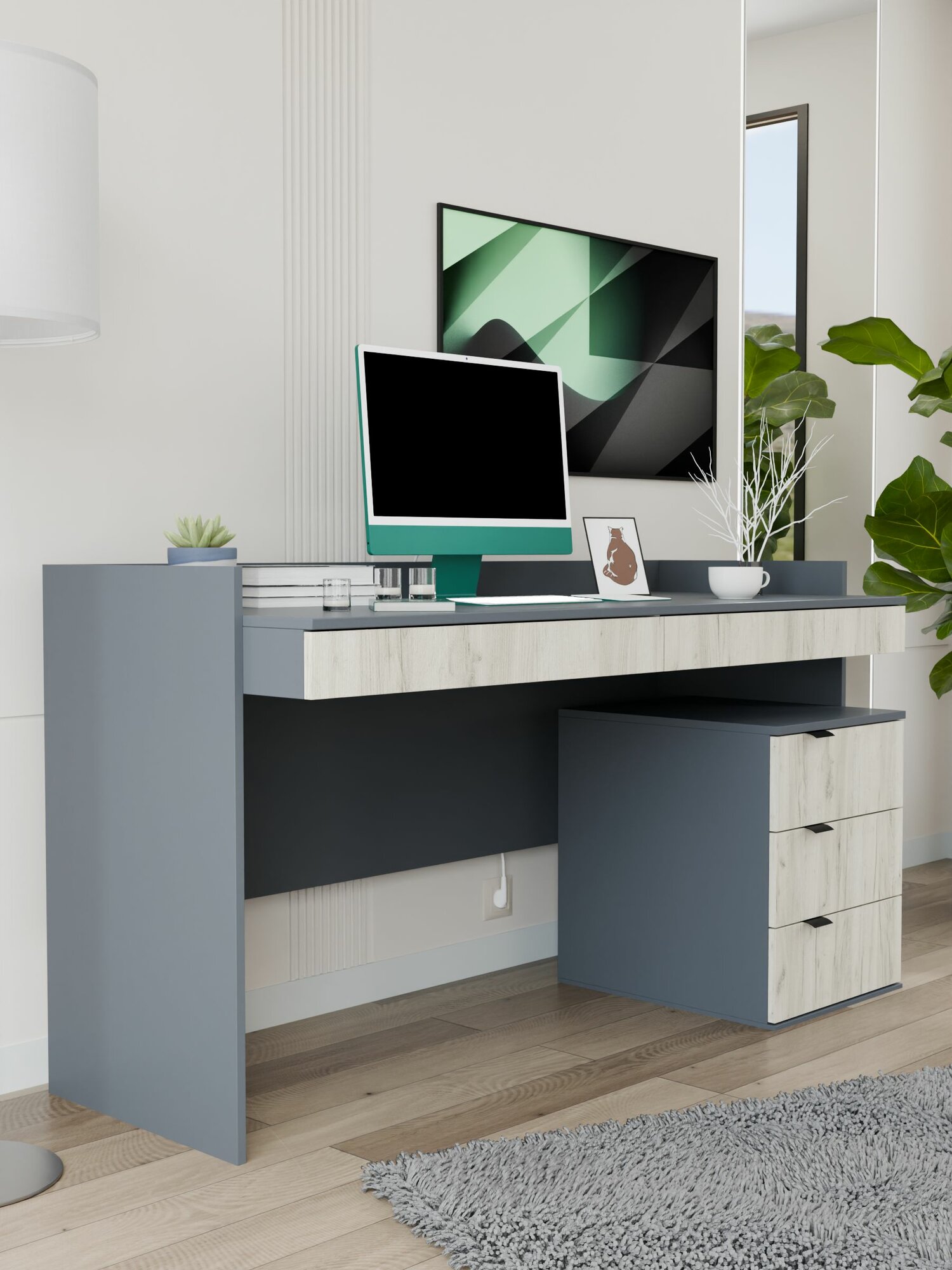 Изумлит Стол компьютерный для офиса и дома Бастион 160х87х64.5 см, корпус+столешница-графит/фасад-дуб крафт белый