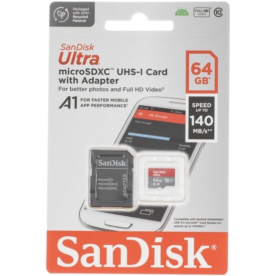 Карта памяти Sandisk microSDXC 64Gb Ultra Class 10 UHS-I U1 A1 140 MB/s + ADP
