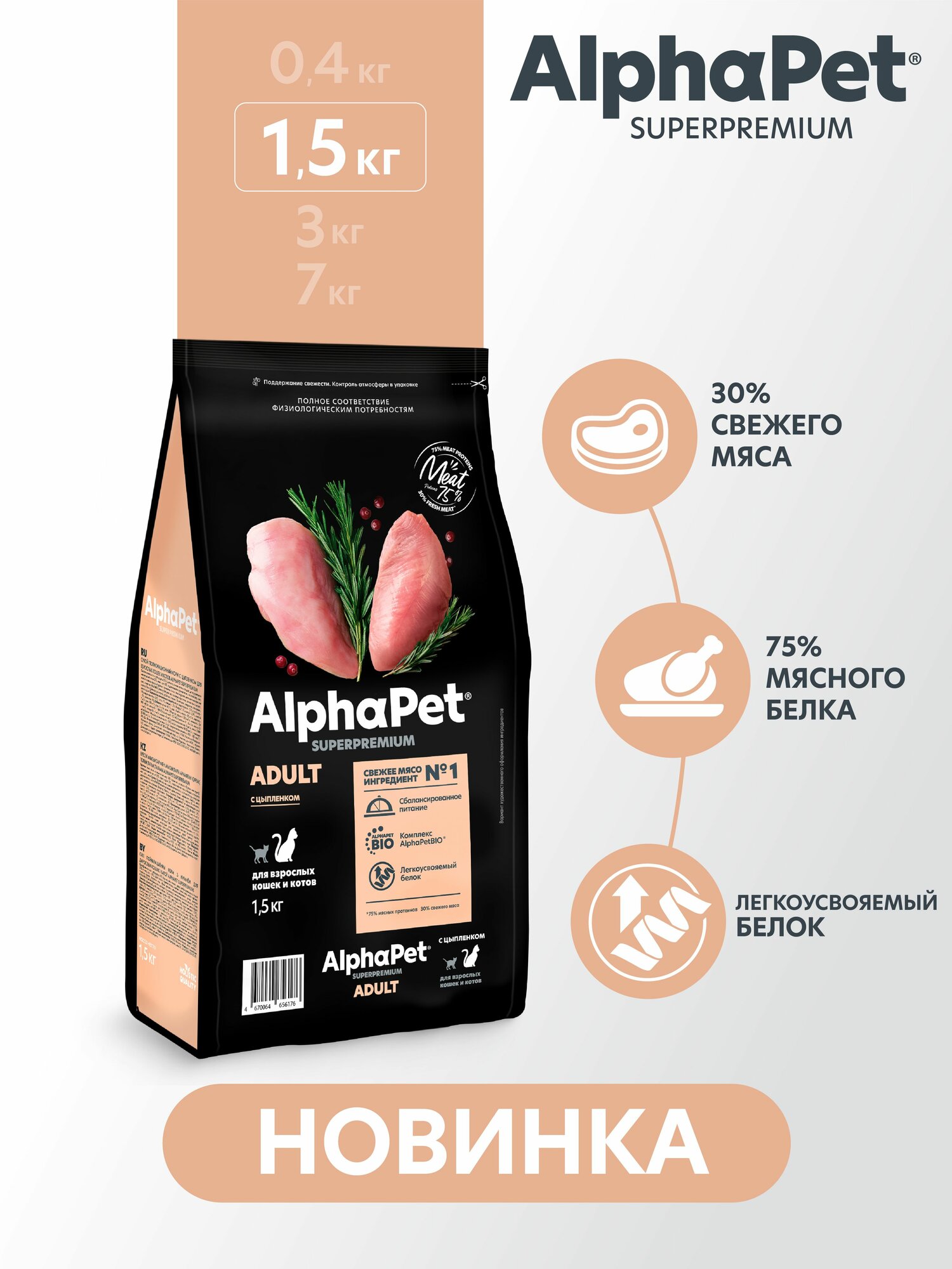 Сухой полнорационный корм с цыпленком для взрослых кошек и котов AlphaPet Superpremium 1,5 кг