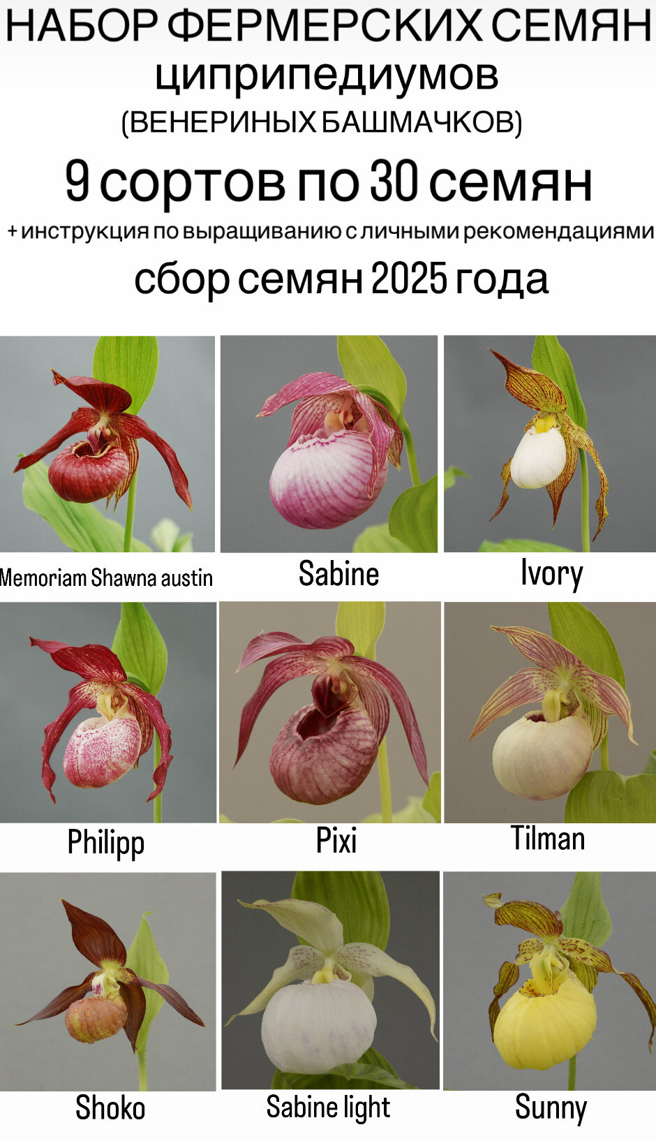 Набор семян циприпедиумов (венериных башмачков) 9 сортов по 30 семян