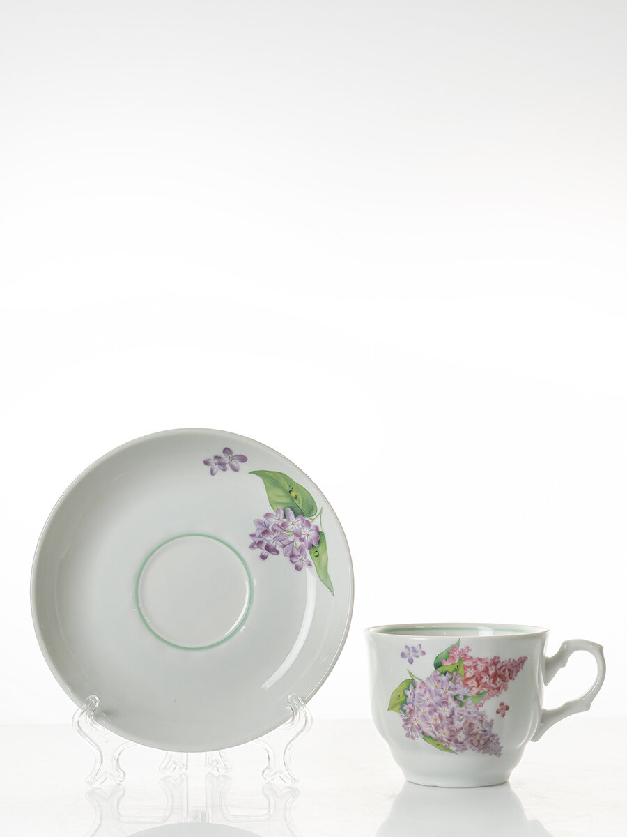 Пара чайная фарфоровая 250 мл, Добруш "Сирень" ф. Тюльпан, отводка краской