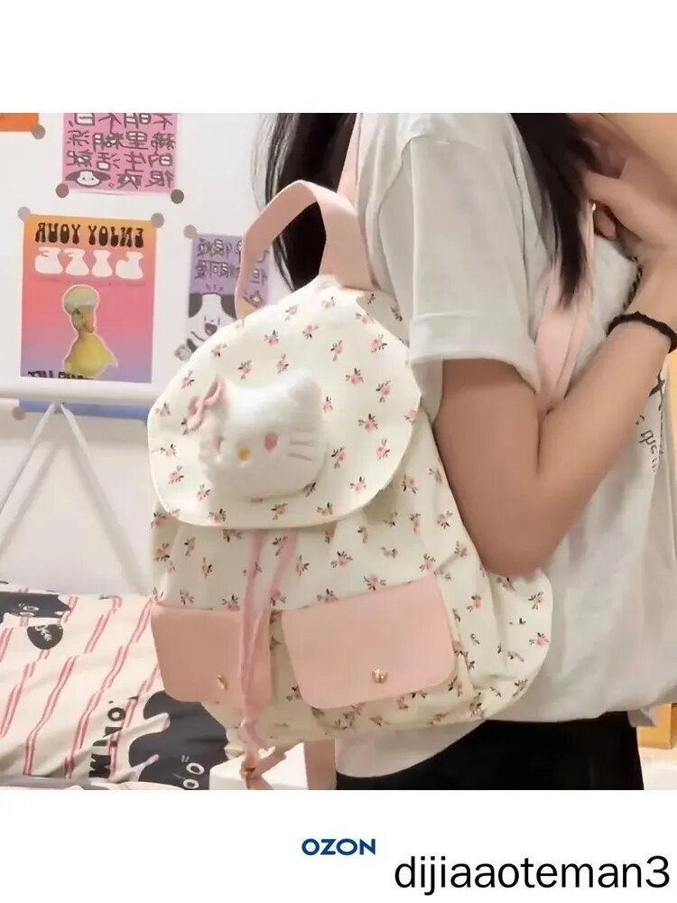 Милый рюкзак Hello Kitty с цветочным принтом и мягкой спинкой для девочек, розовый
