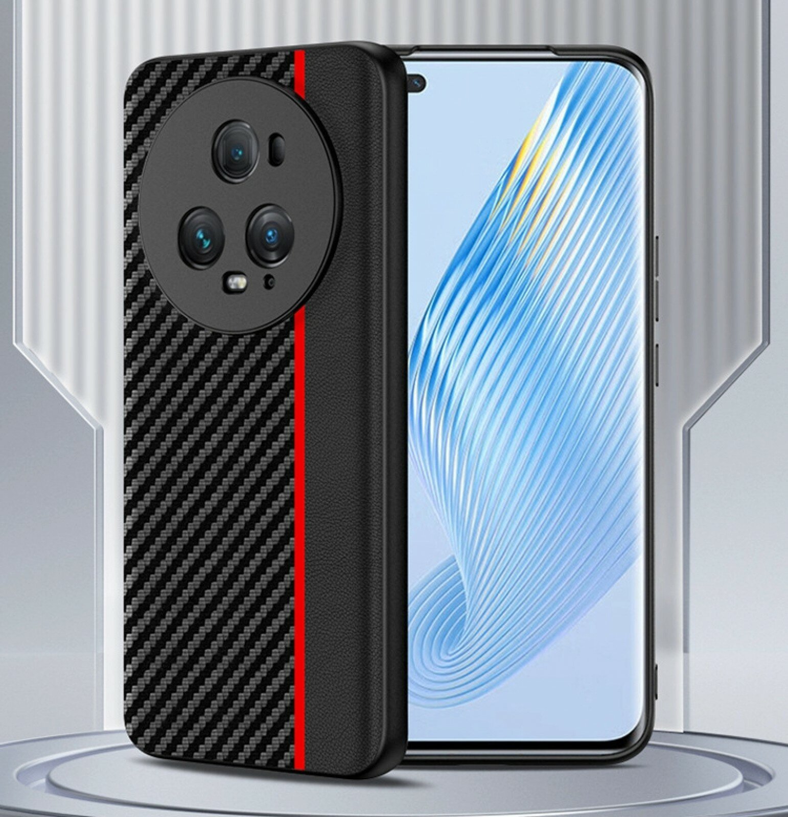 Чехол панель-бампер MyPads для Honor Magic5 Pro с матовой отделкой под карбон и кожаной вставкой