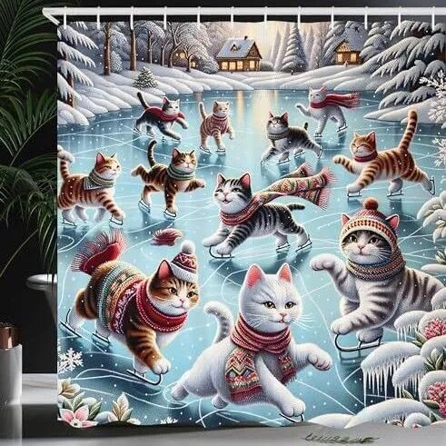 Штора для ванной тканевая с котиками, 170x200 см.