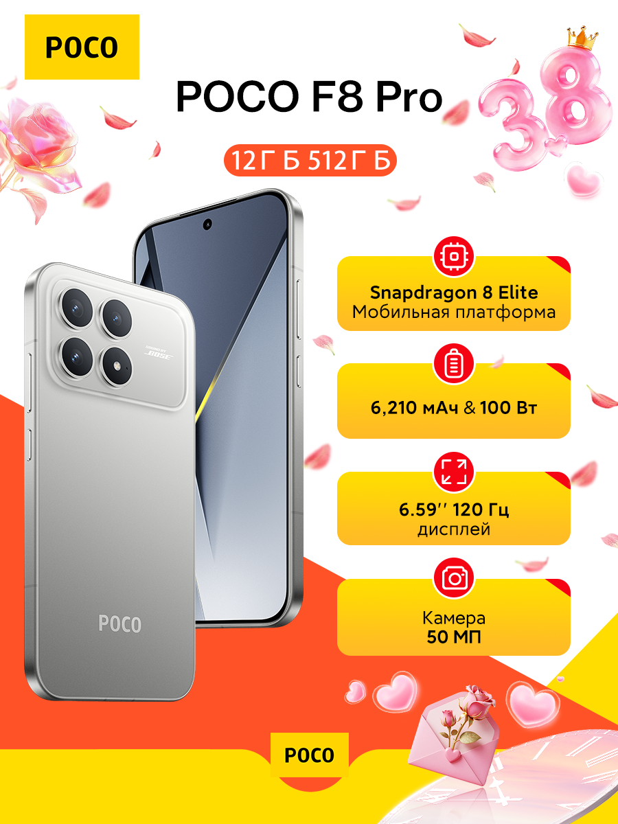 Смартфон Xiaomi POCO F8 Pro 5G 12 ГБ+512 ГБ Серебристый, Global, Snapdragon 8 Elite, водонепроницаемость IP68