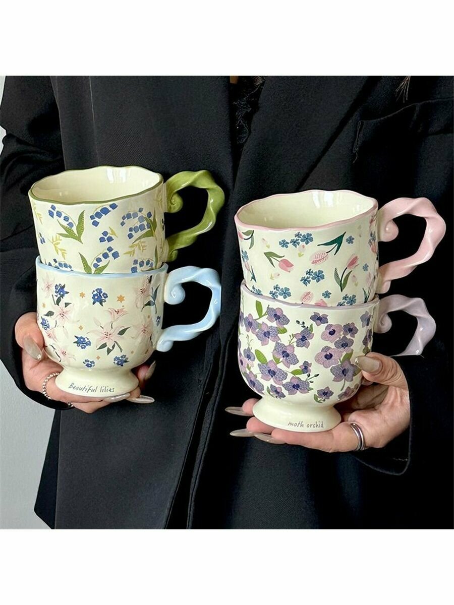 Кружка ZARA HOME "Живопись", с цветочным узором, костяной фарфор, 400мл — фото 1