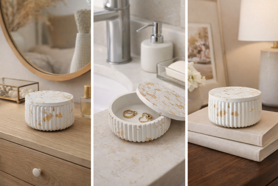 Шкатулка "Ручная работа", круглая, многофункциональная, пескобетон, белая, золотистая