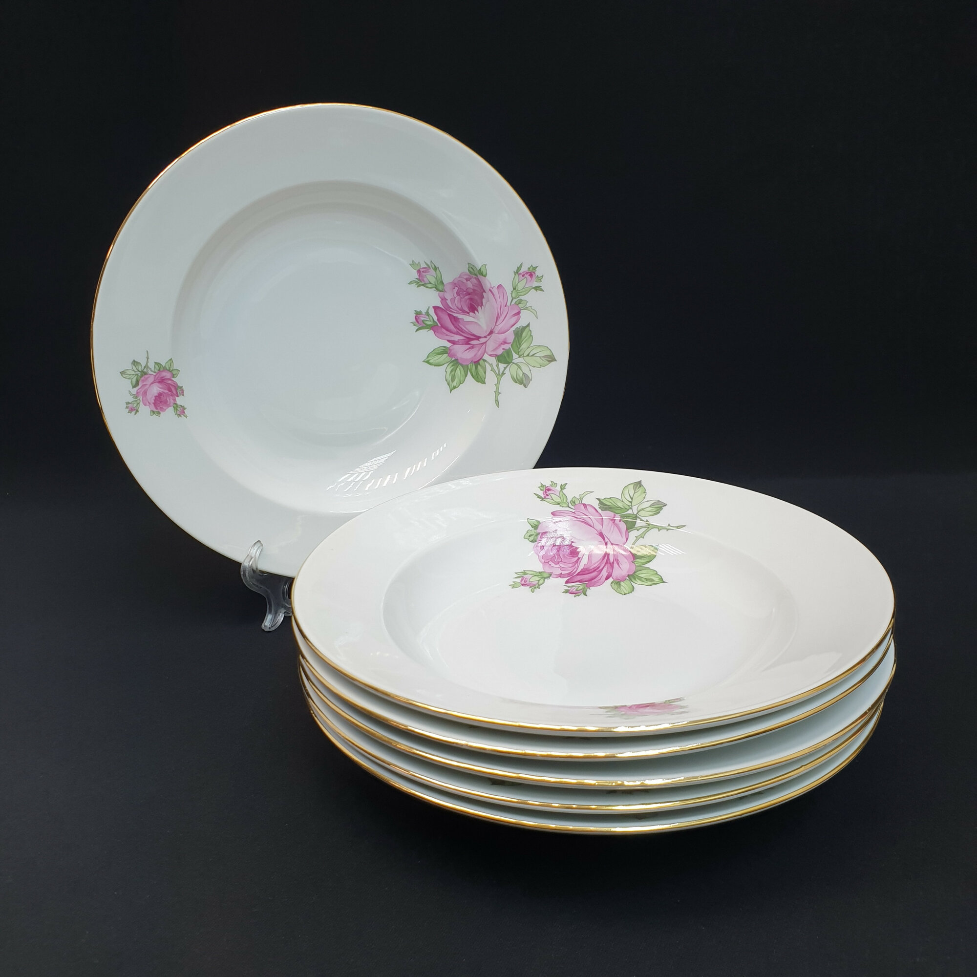 Винтажный набор из 6 суповых тарелок Princip, фаянс деколь золочение 23 см, Чехословакия