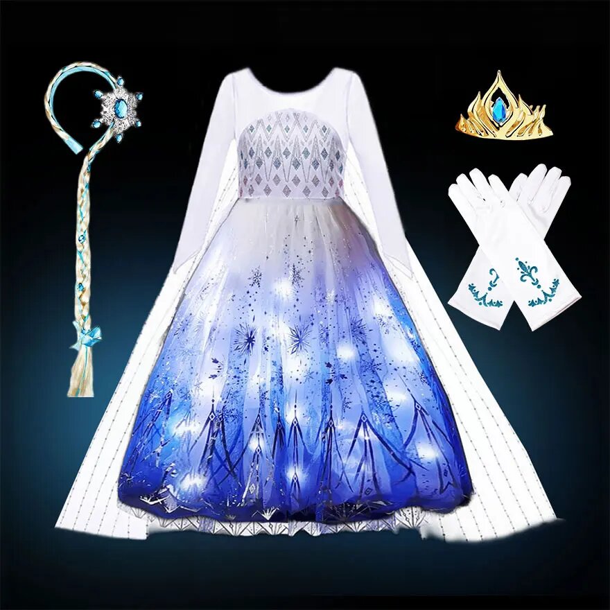Платье Диснея со светодиодной подсветкой, костюм Духа Эльзы для девочек, ролевая игра «Холодное сердце», маскировка Снежной королевы, белое платье Эльзы на Хэллоуин, детская одежда