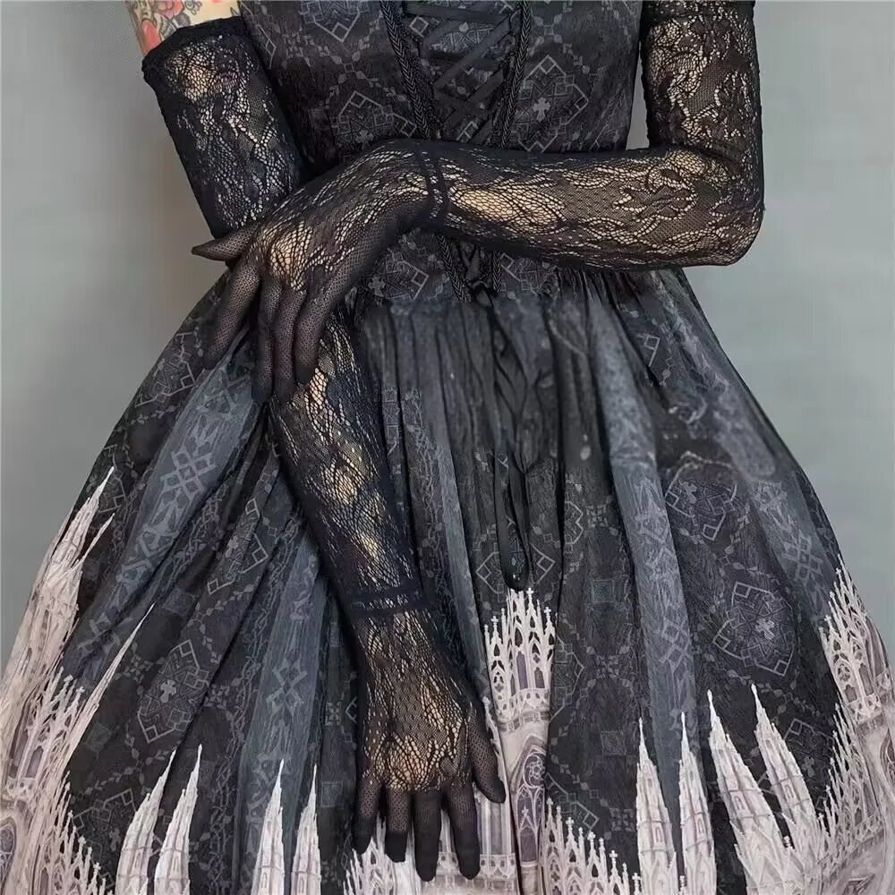 Черные длинные кружевные перчатки
