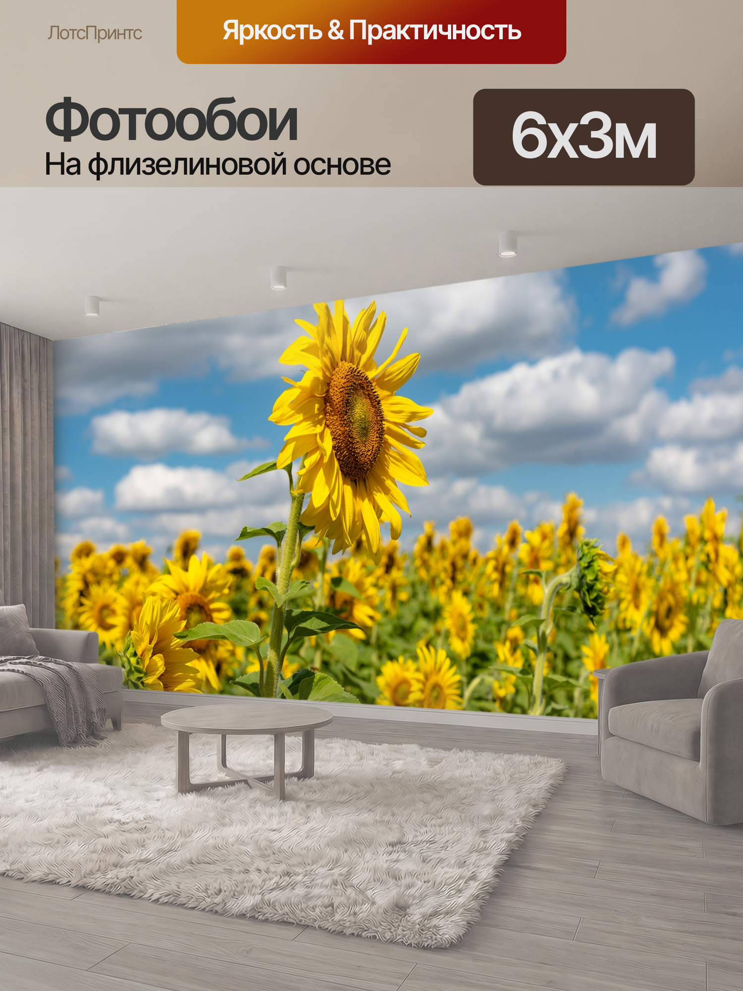 Фотообои "Подсолнухи, поле подсолнечника, подсолнечная ферма" 600x300 см. экосольвентная печать