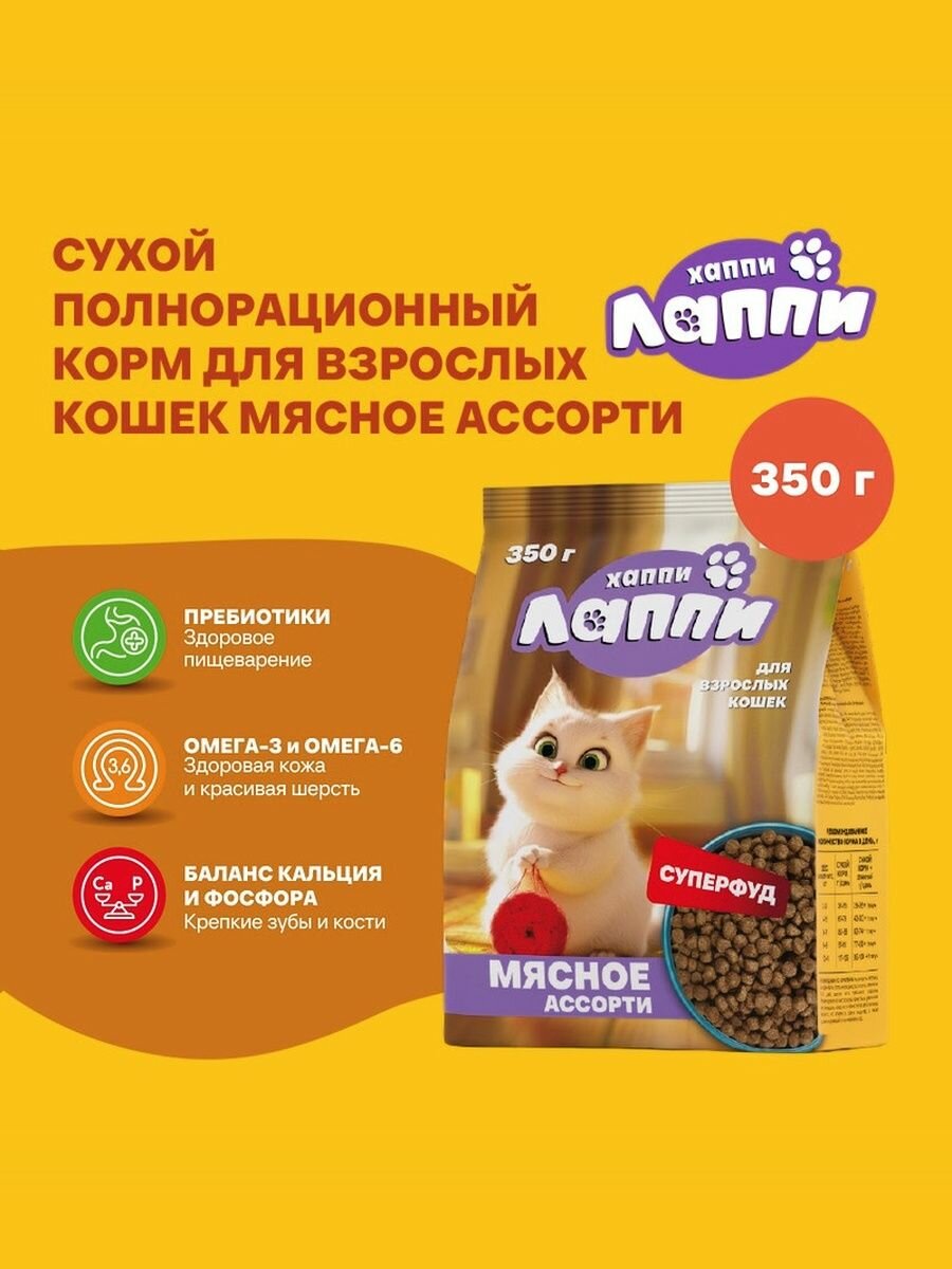 Сухой полнорационный корм для взрослых кошек мясное ассорти ТМ Хаппи Лаппи 0,35 кг