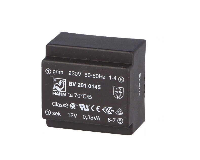 Трансформатор HAHN BV2010145 Трансформатор: залитый 0,35ВА 230ВAC 12В 29мА Монтаж: PСВ 25г 1шт